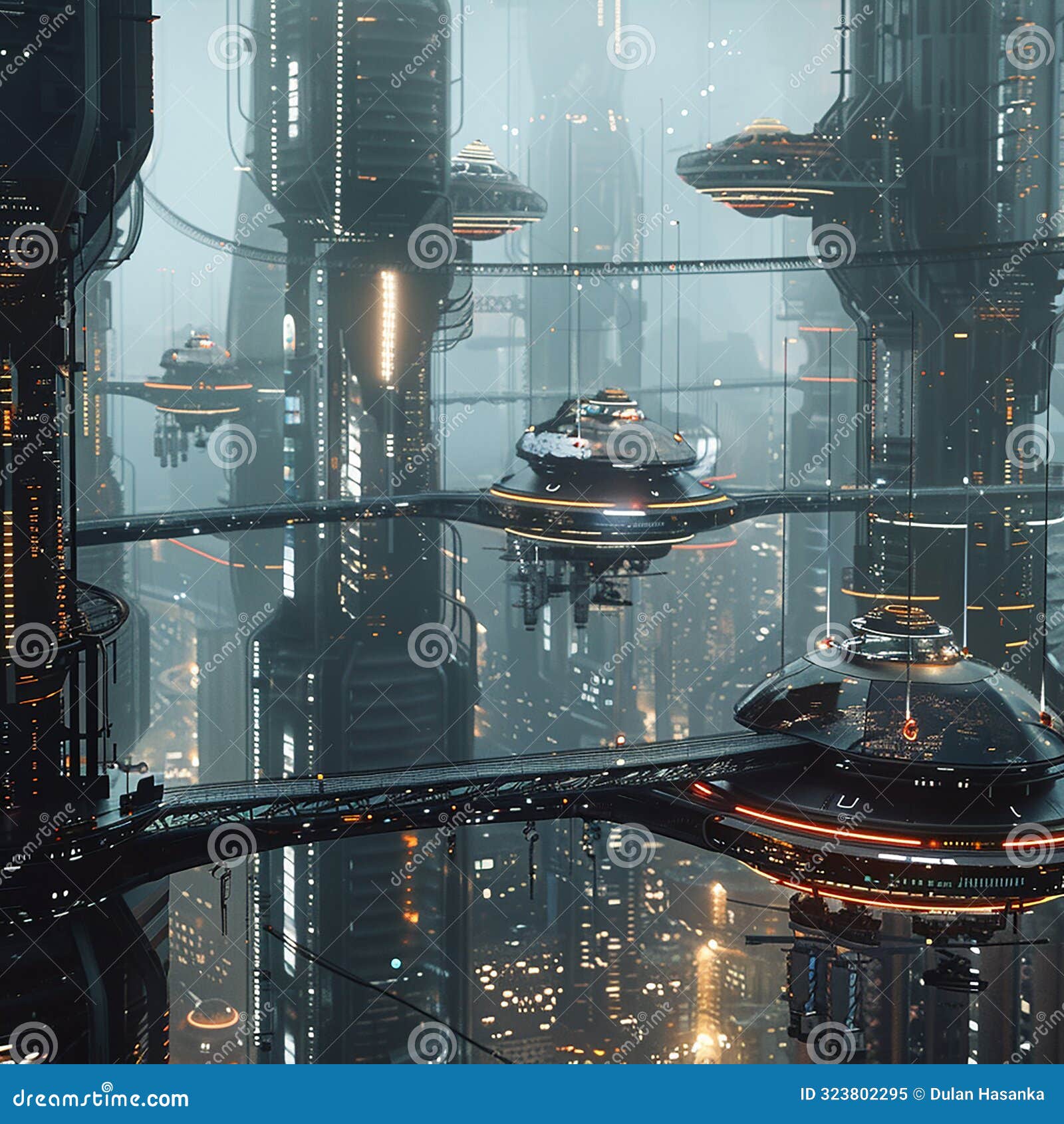 Future Cyber City with Large Technical Building and Lights Stock ...