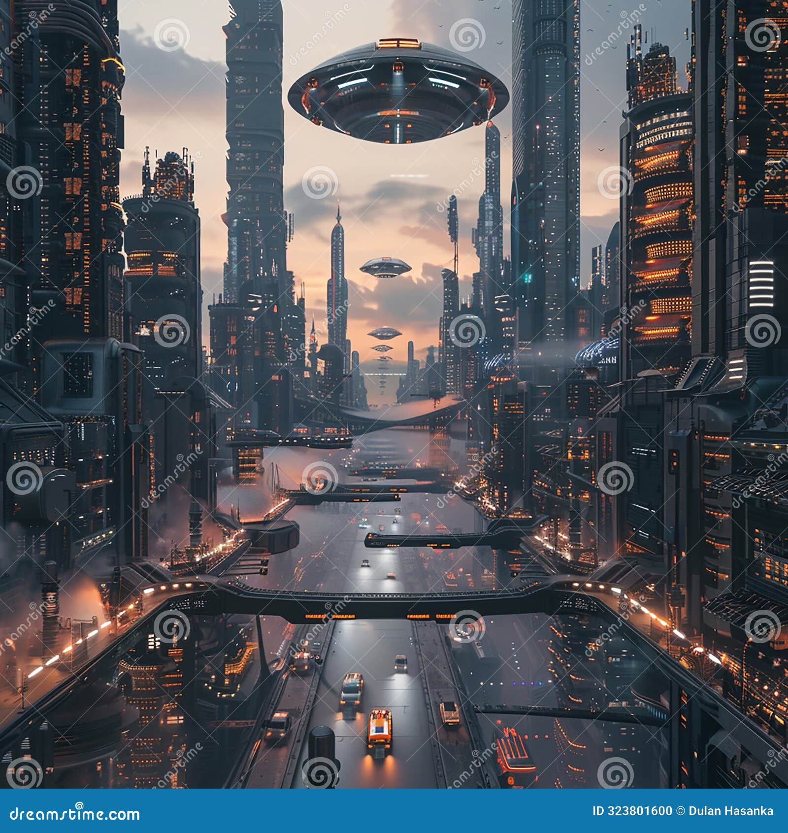 Future Cyber City with Large Technical Building and Lights Stock ...