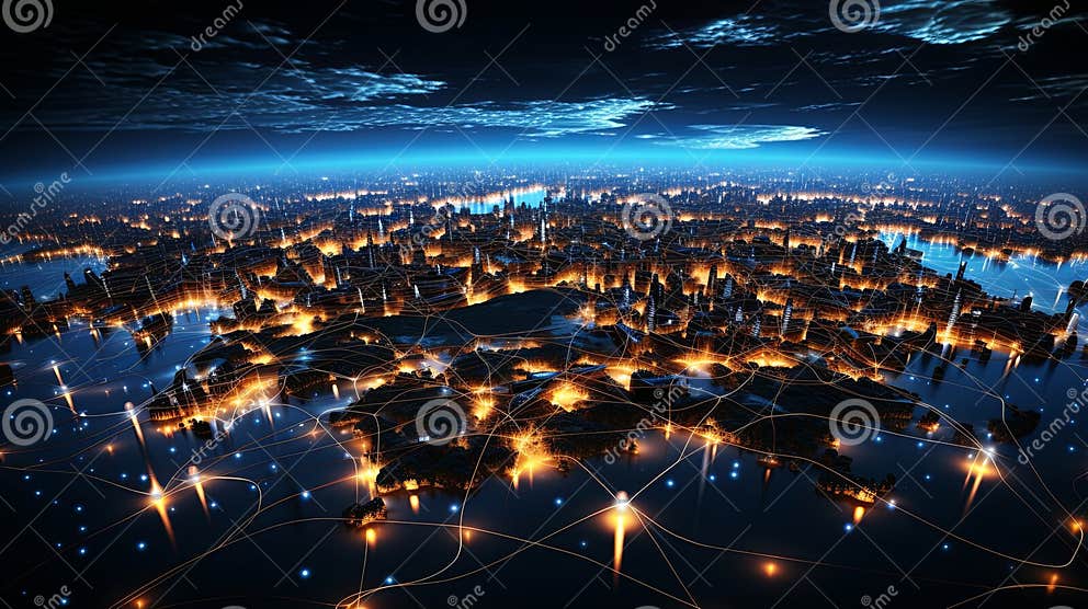 Future Digital Technology Network Background with World Night City Map ...