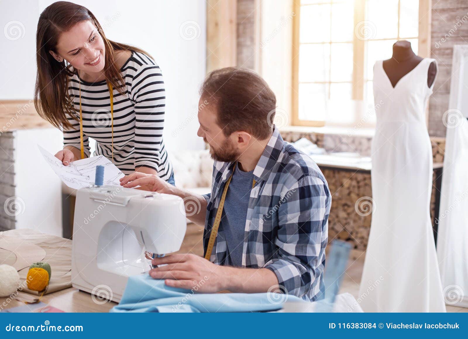 Charming Two Tailors Considering New Sketch Stock Photo - Image of ...
