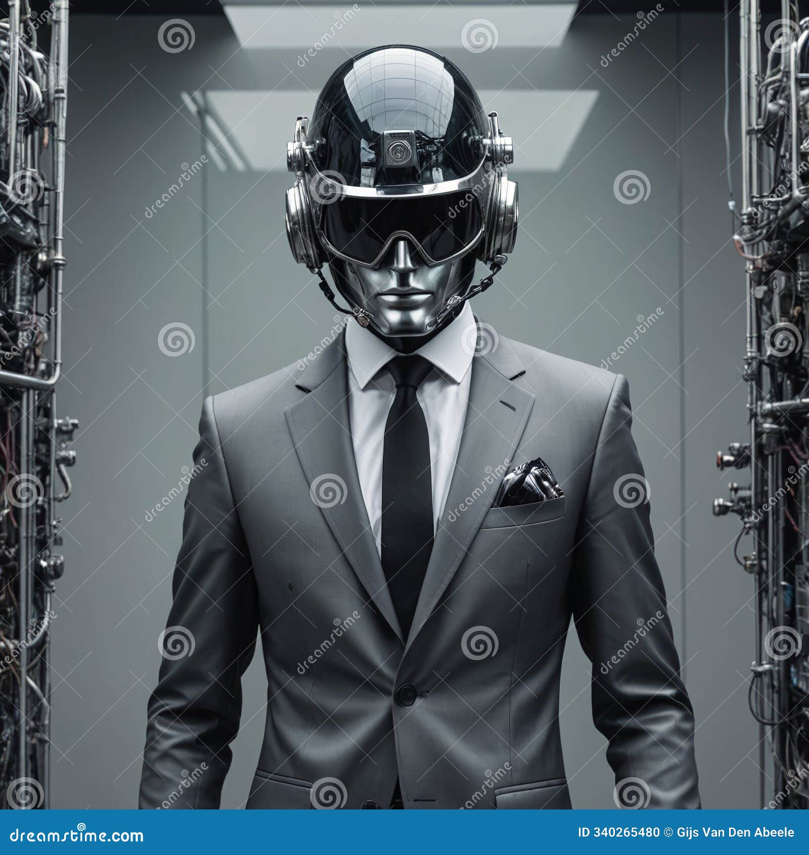Future Fusion Cyberpunk Surrealism With Man In Suit And Helmet Royalty ...