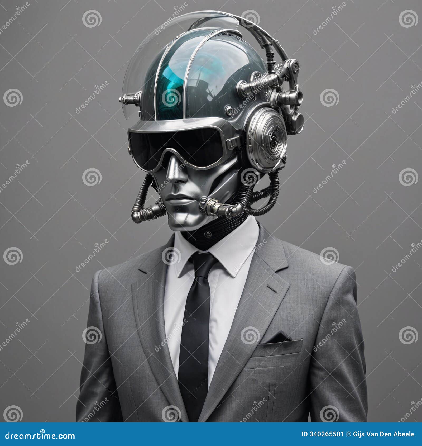 Future Fusion Cyberpunk Surrealism With Man In Suit And Helmet Royalty ...