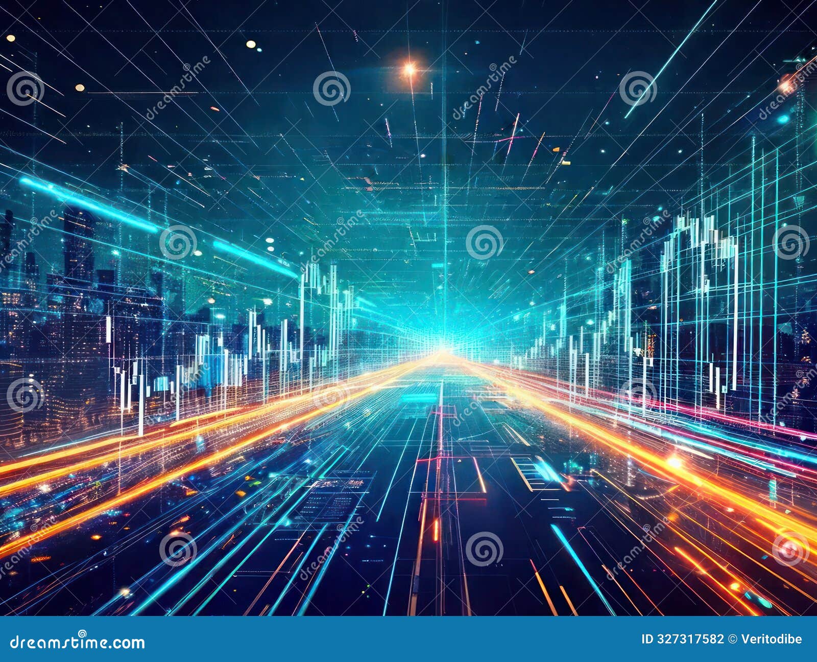 Futuristic City Street Illuminated with Holographic Graphics. Stock ...