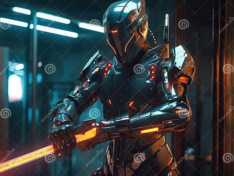 Future Soldier In Hightech Armor Holding Weapon Dramatically Stock