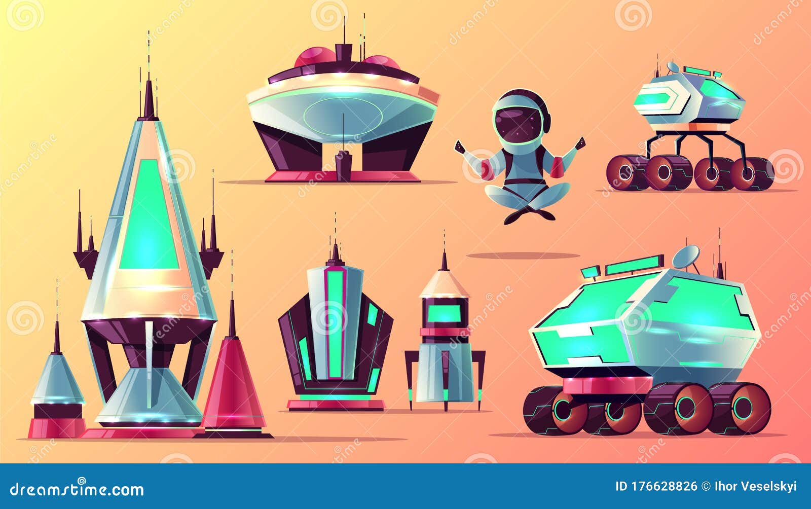Set of Future Space Exploring Cartoon Vector Icons Stock Vector ...