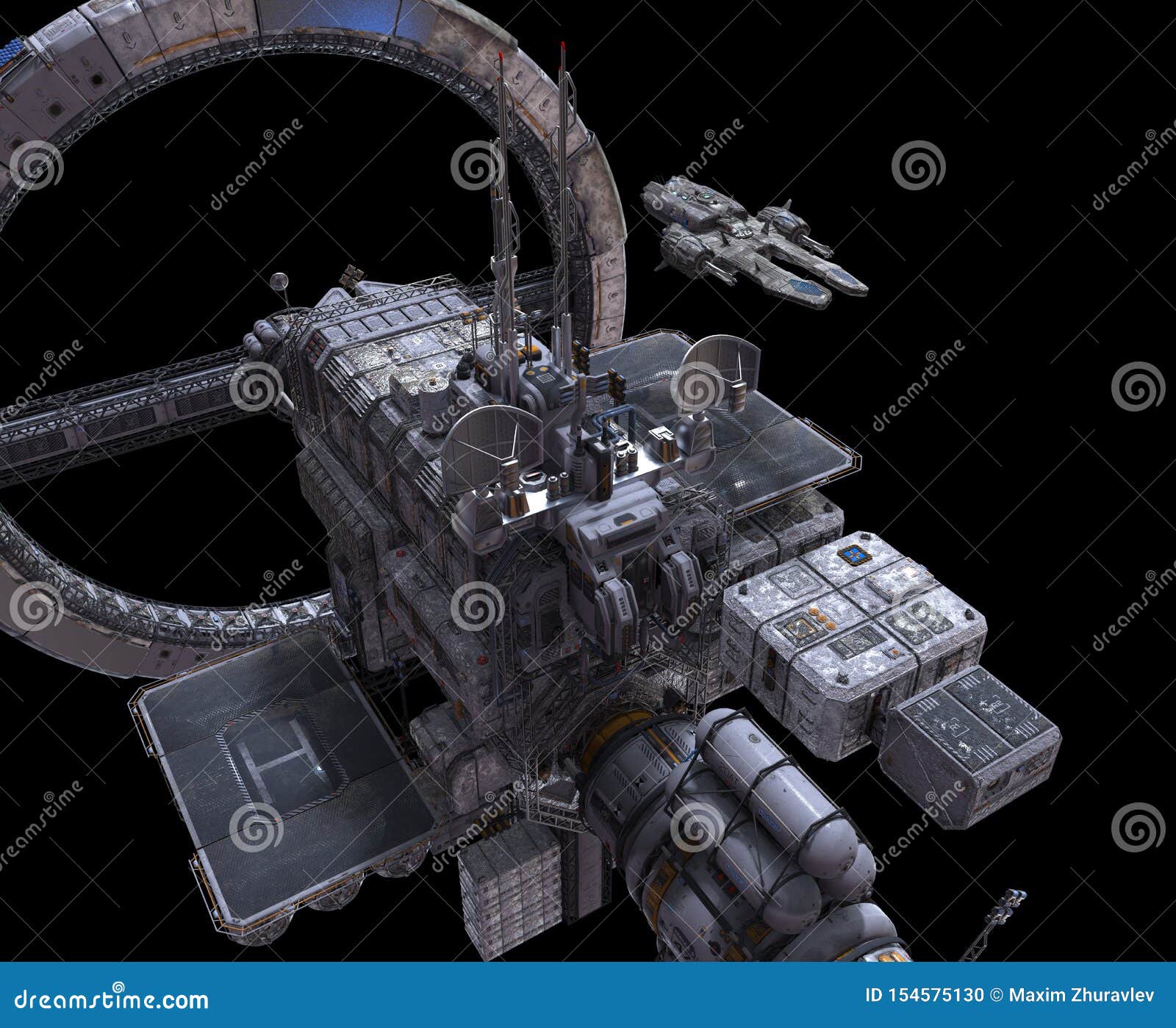 Future Space Station Isolated on Black Background 3D Illustration Stock ...