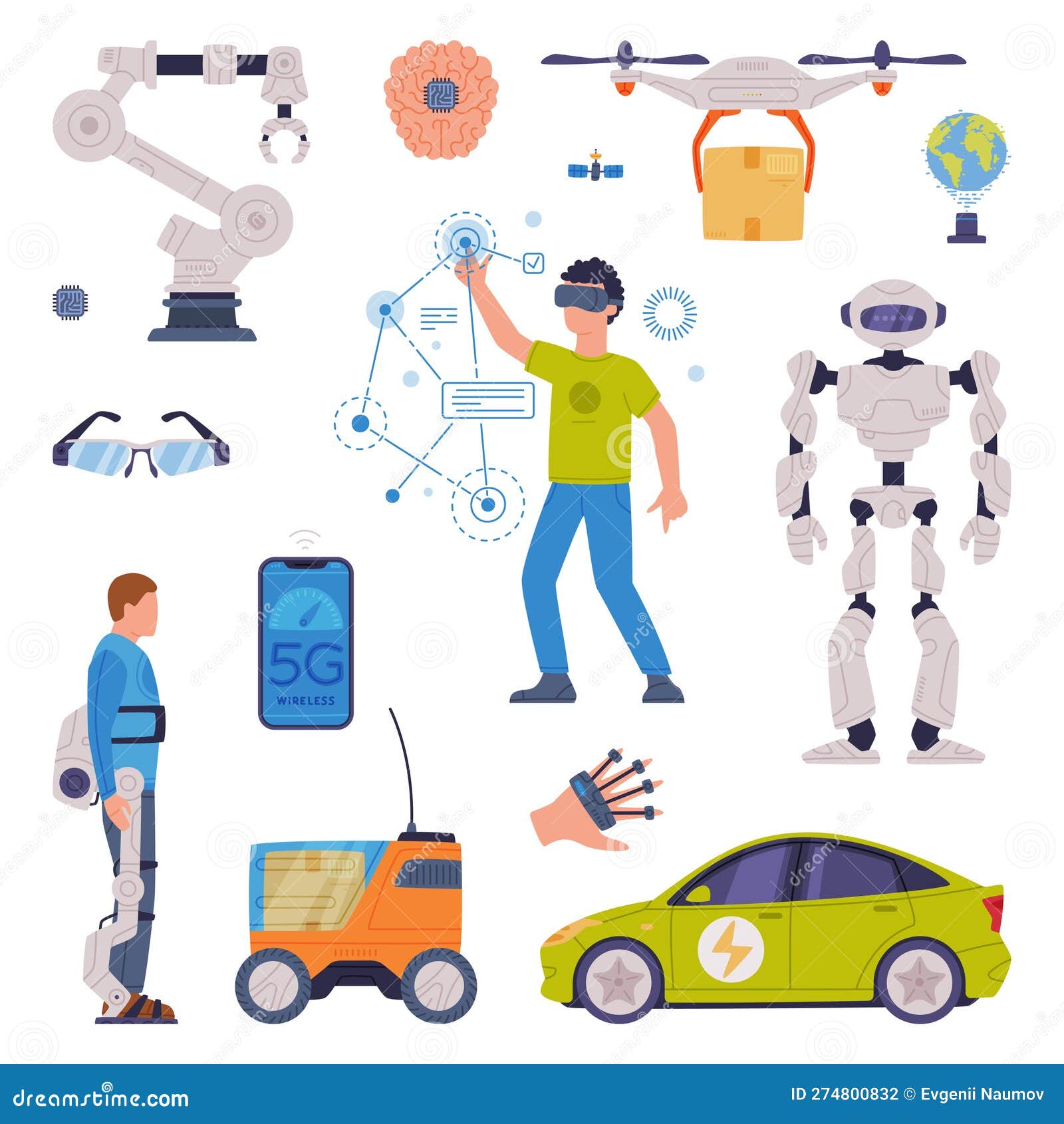 Future Technology Device with Robotic Arm, Man in Augmented Reality ...