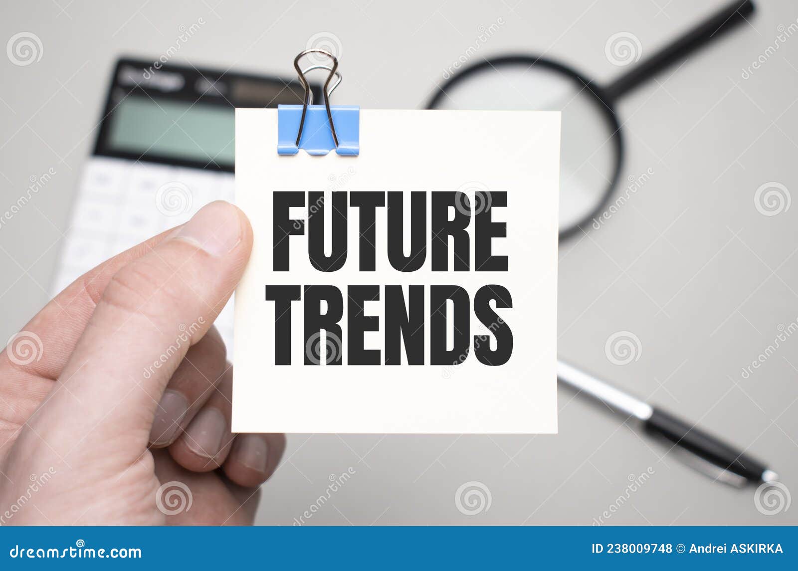 Future Trends Card on White Backgroundd and White Calculator Stock ...