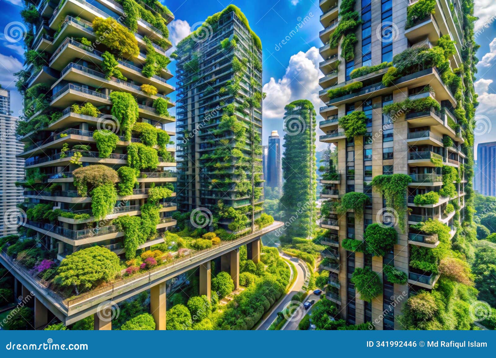 Vertical Forest Towers Grow Into City. Greenery Covers Modern Buildings. Rich Plants Grow On ...