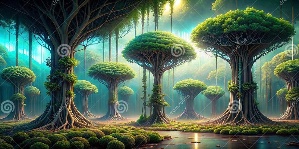 Futurist of Forest Multiple Trees Connected by Vines on Solid ...