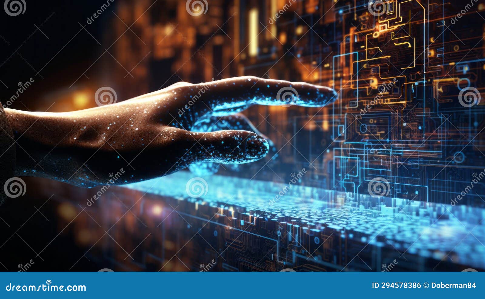 Futuristic Abstract Image of Human Hand Touching an Information Digital Environment. Hand ...