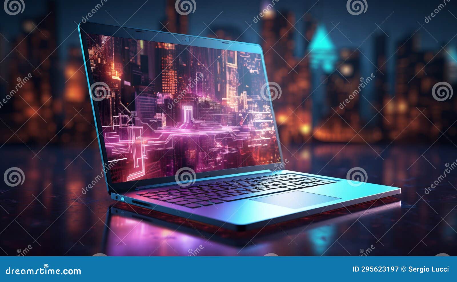 Futuristic Abstract Laptop. Computer Technology, Neon Screen, Display ...