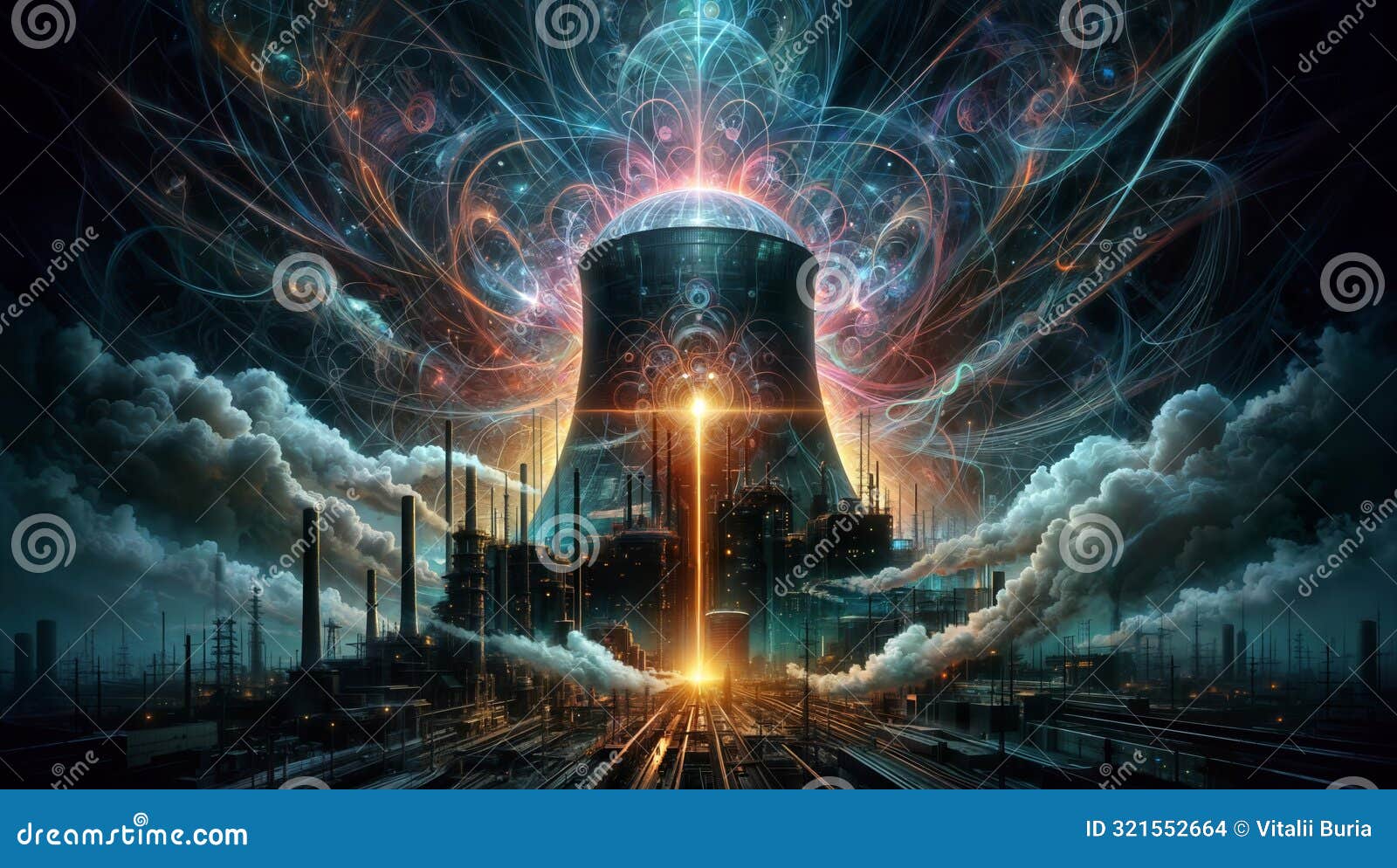 Abstract Nuclear Plant with Glowing Energy Patterns in Cloudy Sky ...