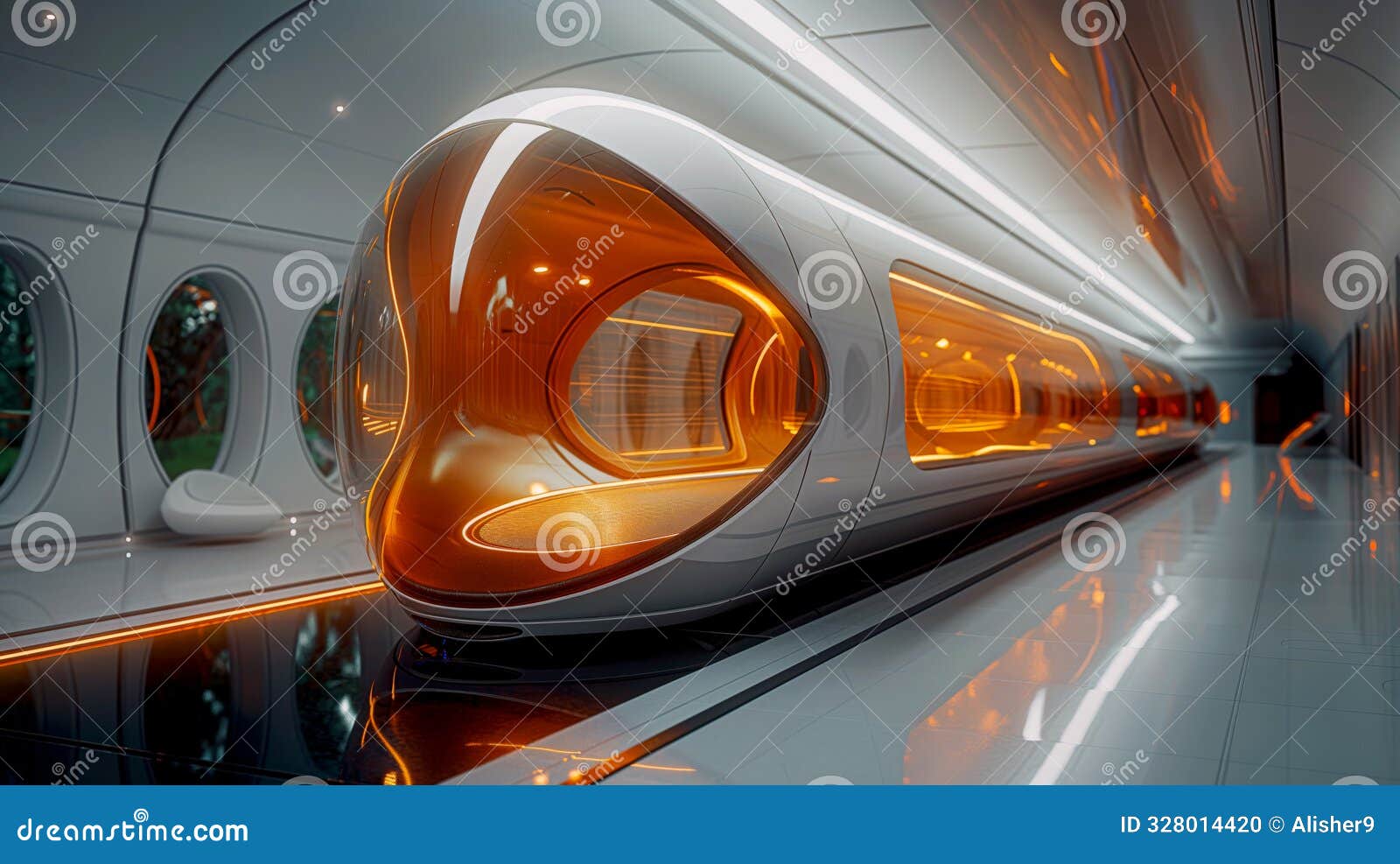 Futuristic Aerodynamic Train on Railway Traveling through Platform ...