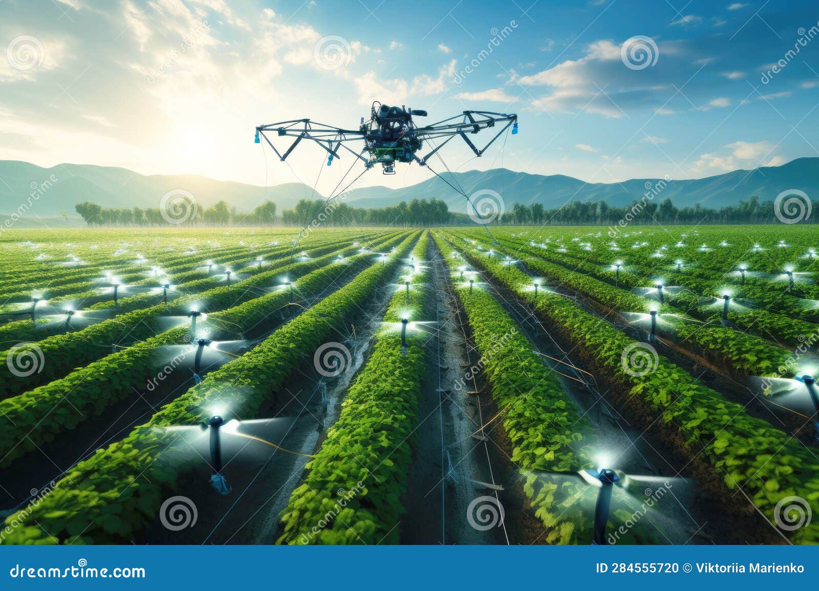 Futuristic Agricultural Scene Drone Pollinators And Automated Machinery ...