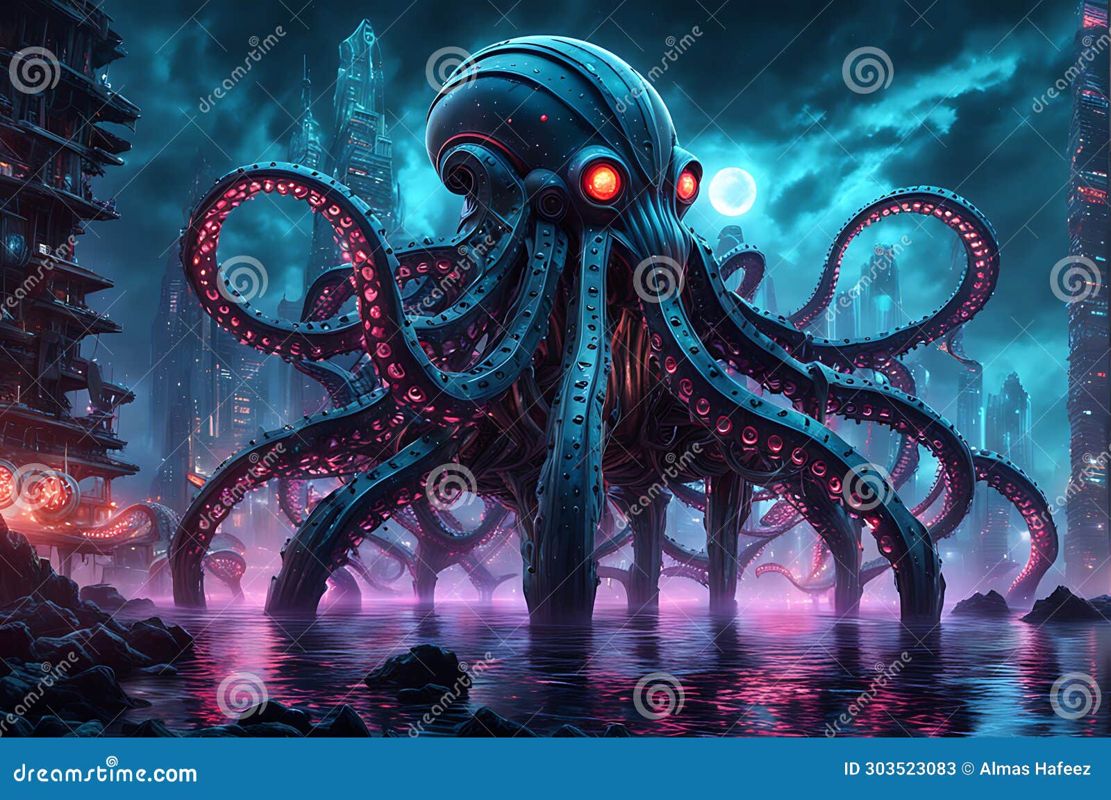 Futuristic AI Kraken: Robot Tentacles with Advanced Technology, Central ...