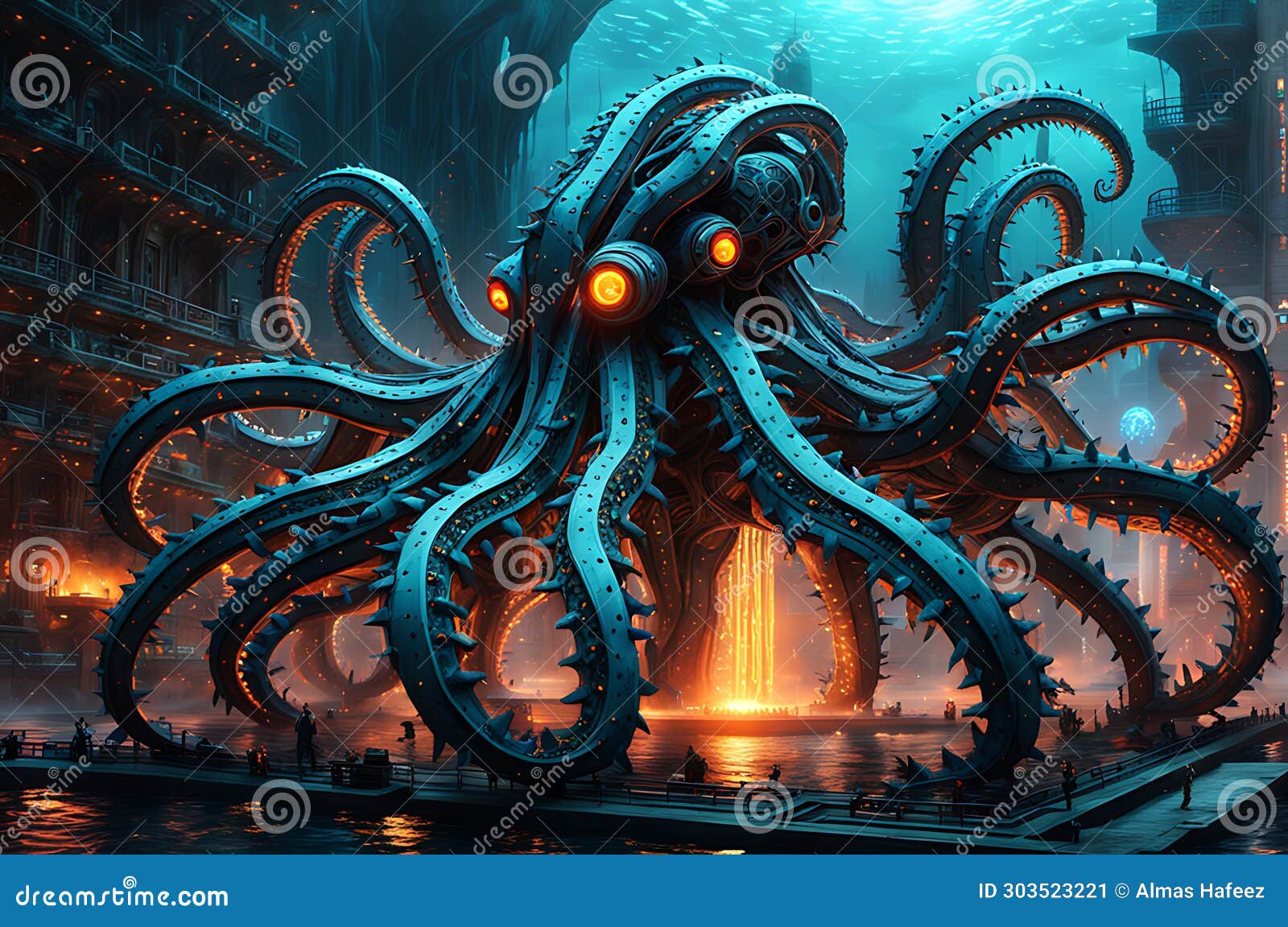 Futuristic AI Kraken: Robot Tentacles with Advanced Technology, Central ...