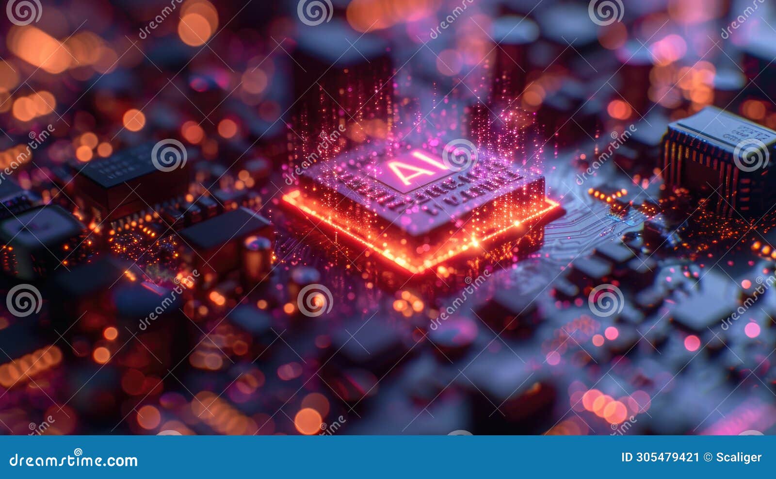 Futuristic AI Processor on Circuit Board, Neon Glowing Core of ...
