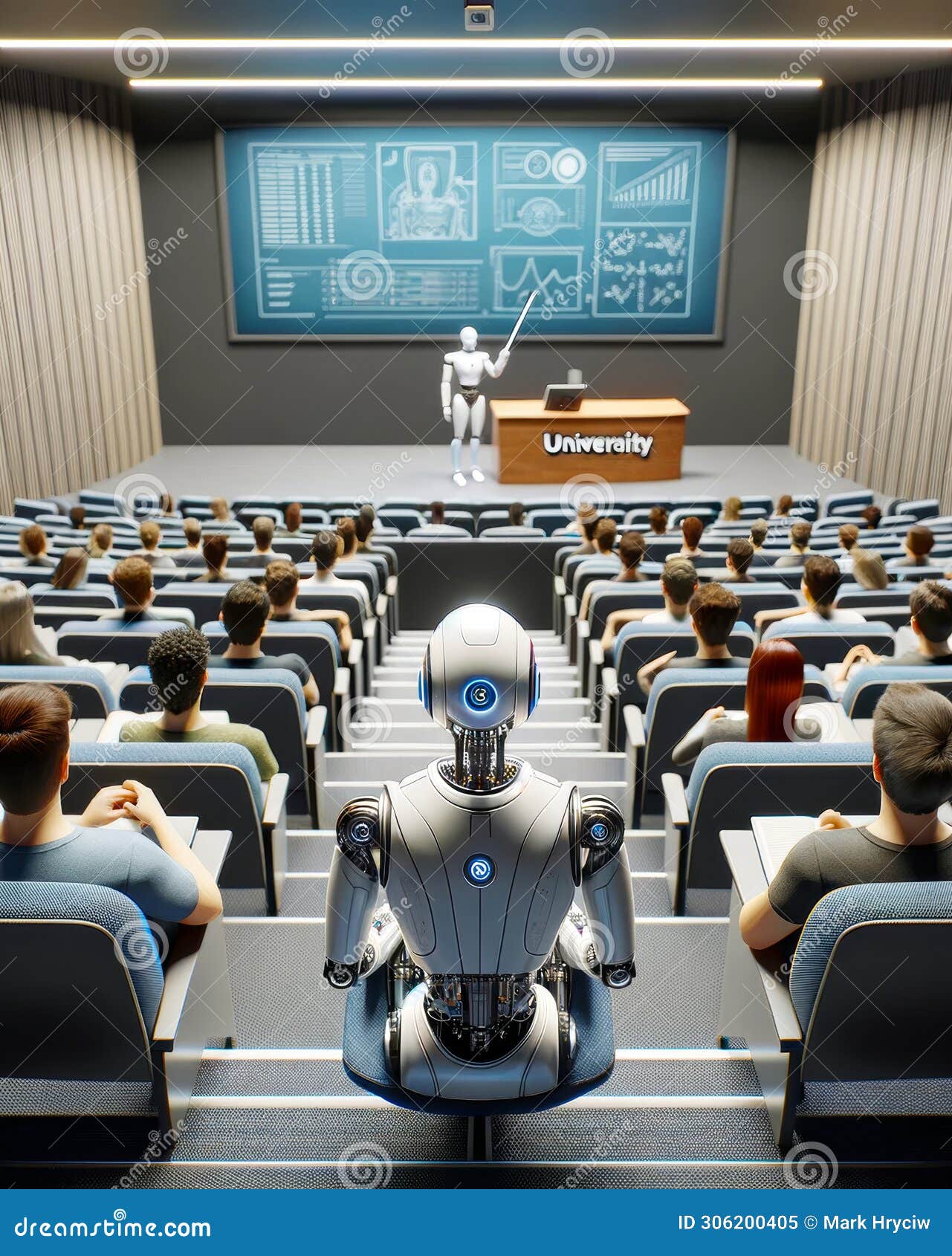 Futuristic AI Robot Professor Teaching Students University Classroom ...