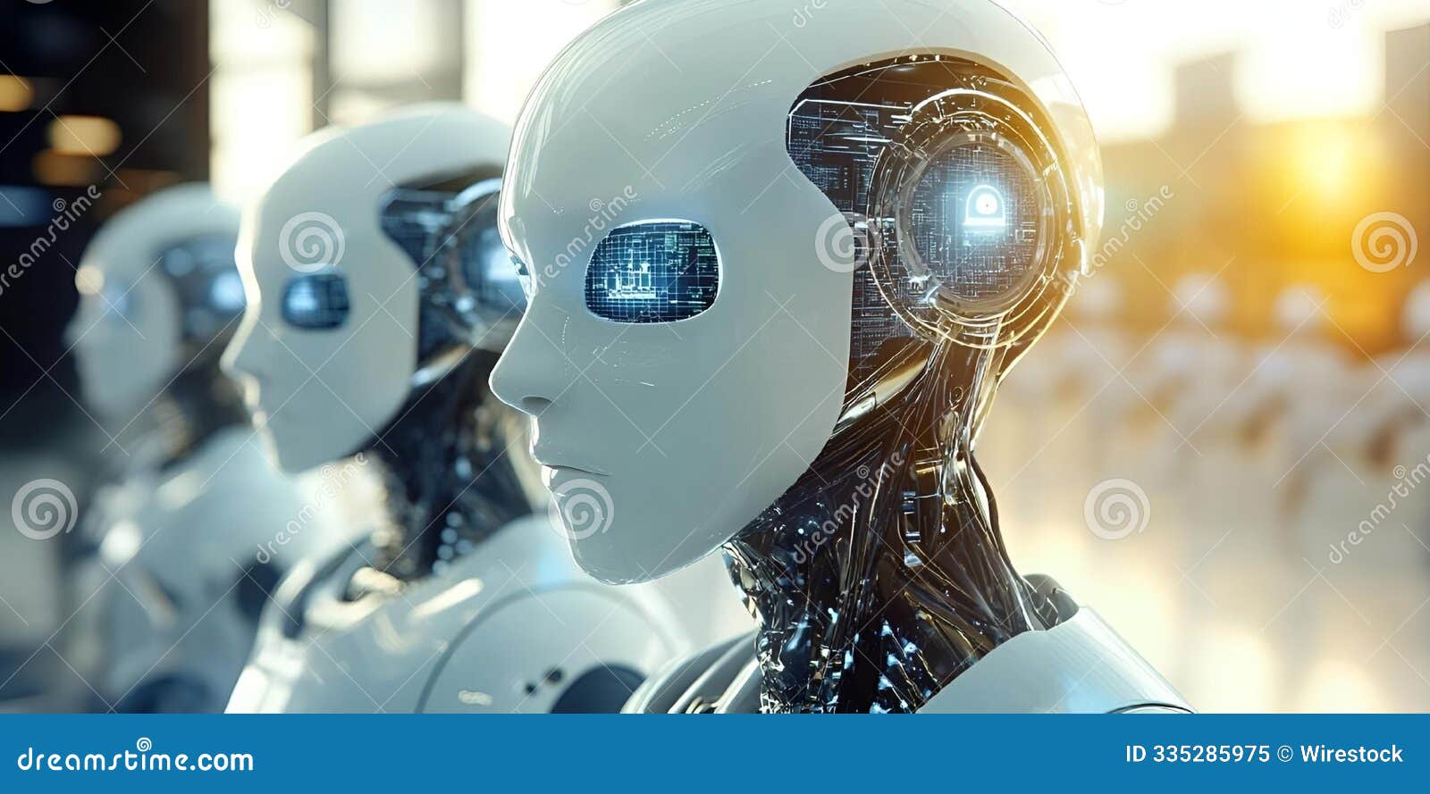 Futuristic AI Robots in Uniform Lineup. Stock Image - Image of robotics ...