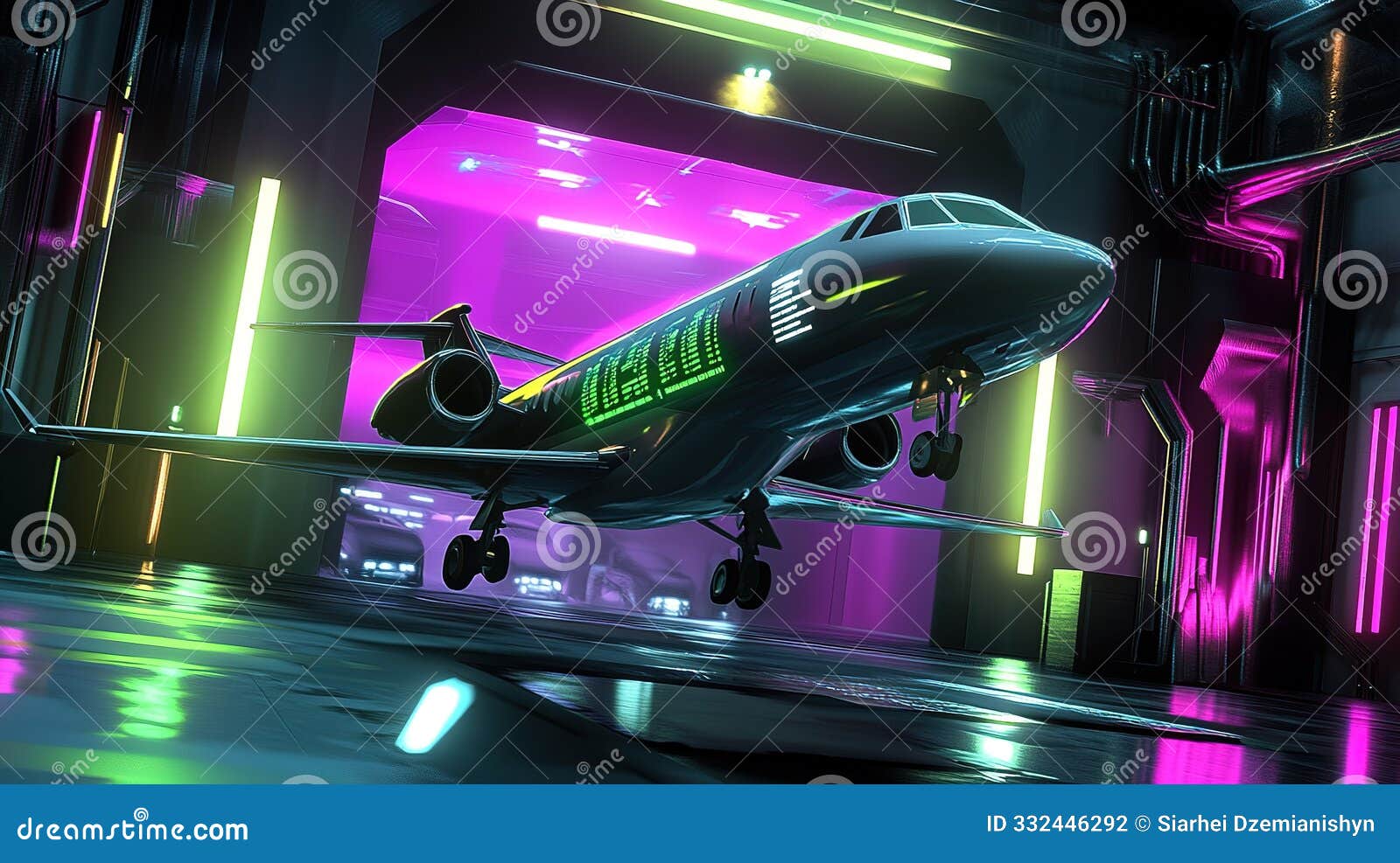 Futuristic Aircraft Taking Off in a Neon-lit Hangar at Night ...