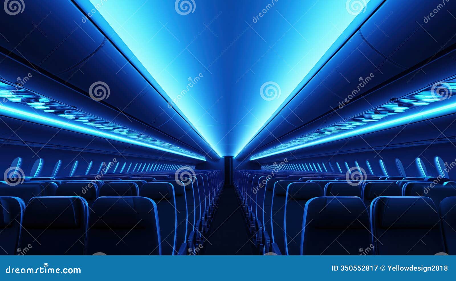 Futuristic Airplane Cabin with Blue Ambient Lighting and Empty Seats ...