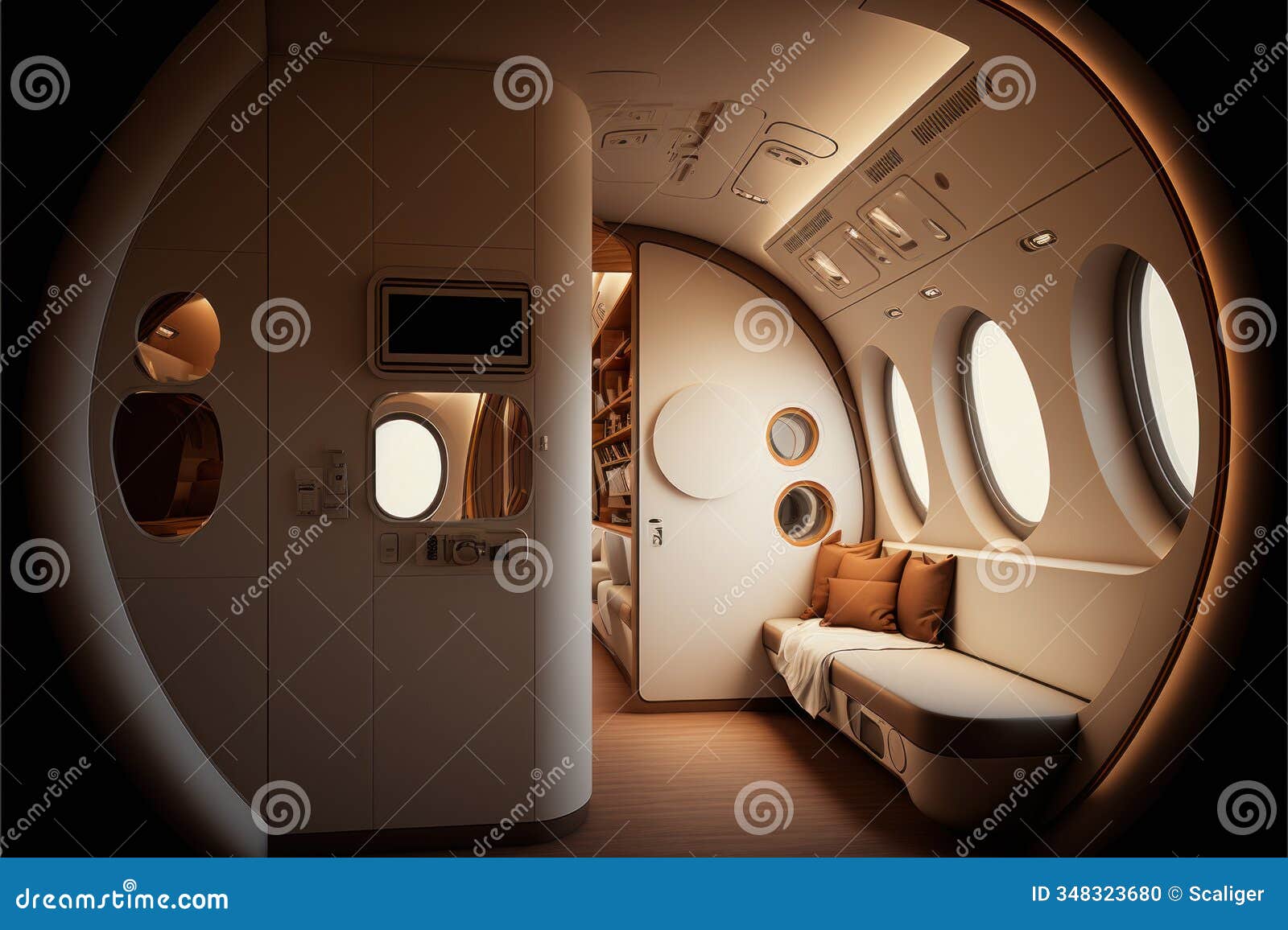 Futuristic Airplane Cabin Interior with Circular Windows and Cozy ...