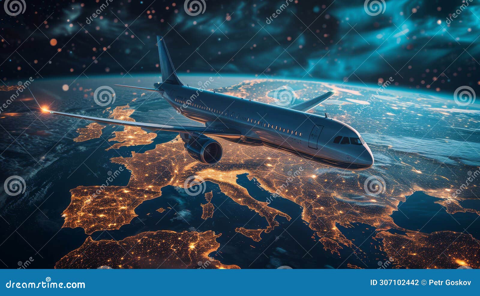 Futuristic Airplane Gliding Over Translucent Digital World Map Stock ...