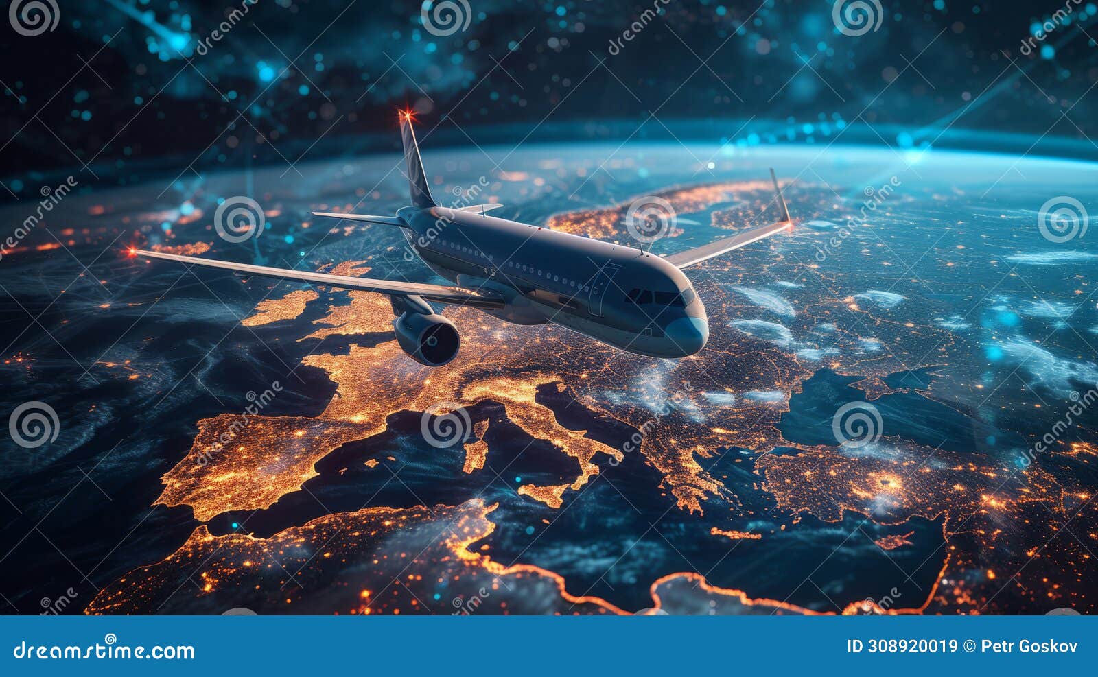 Futuristic Airplane Gliding Over Translucent Digital World Map Stock ...