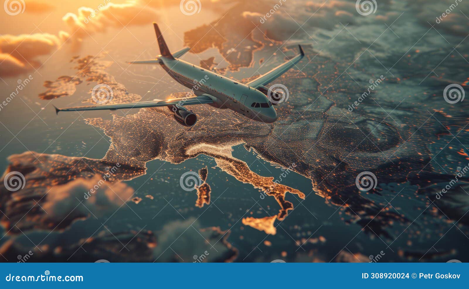 Futuristic Airplane Gliding Over Translucent Digital World Map Stock ...