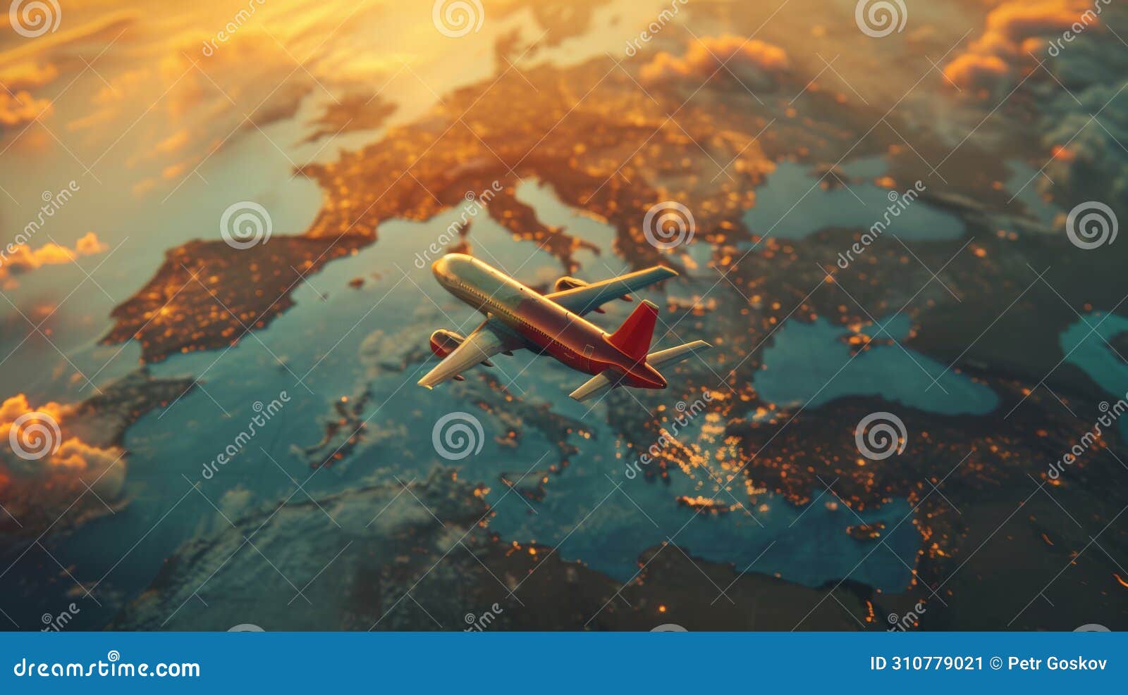 Futuristic Airplane Gliding Over Translucent Digital World Map Stock ...