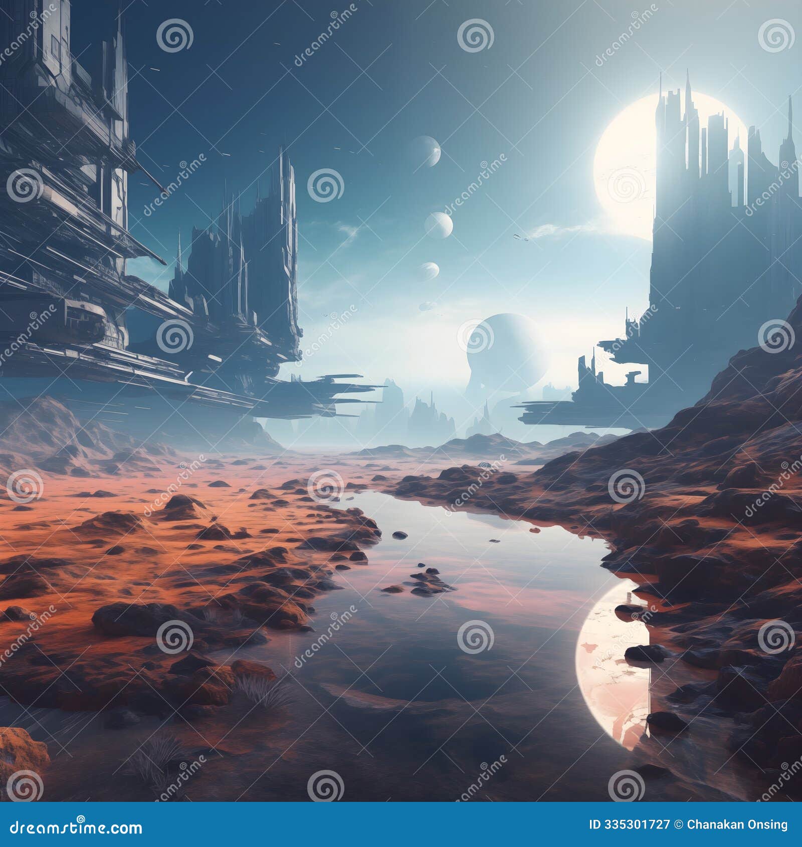 Futuristic Alien Landscape with Floating Structures and Multiple ...