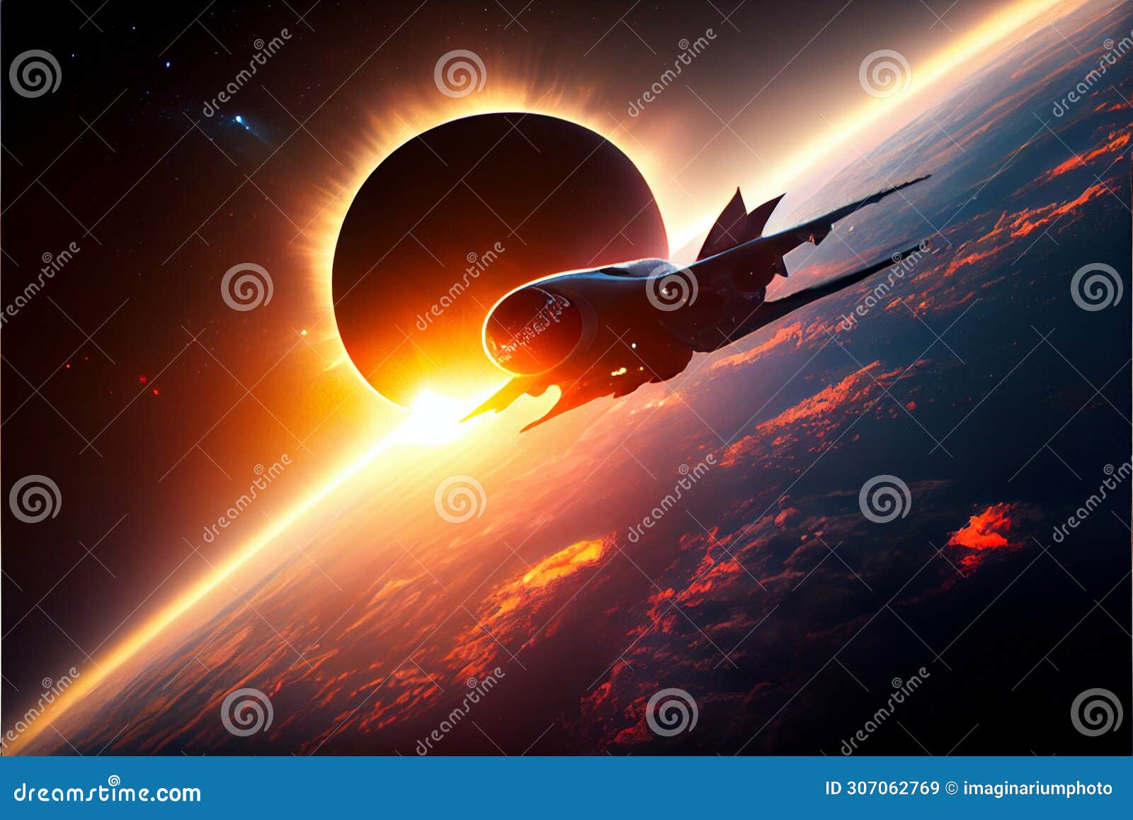 Futuristic Alien Spaceship Launch in Galaxy. Futuristic Starship ...