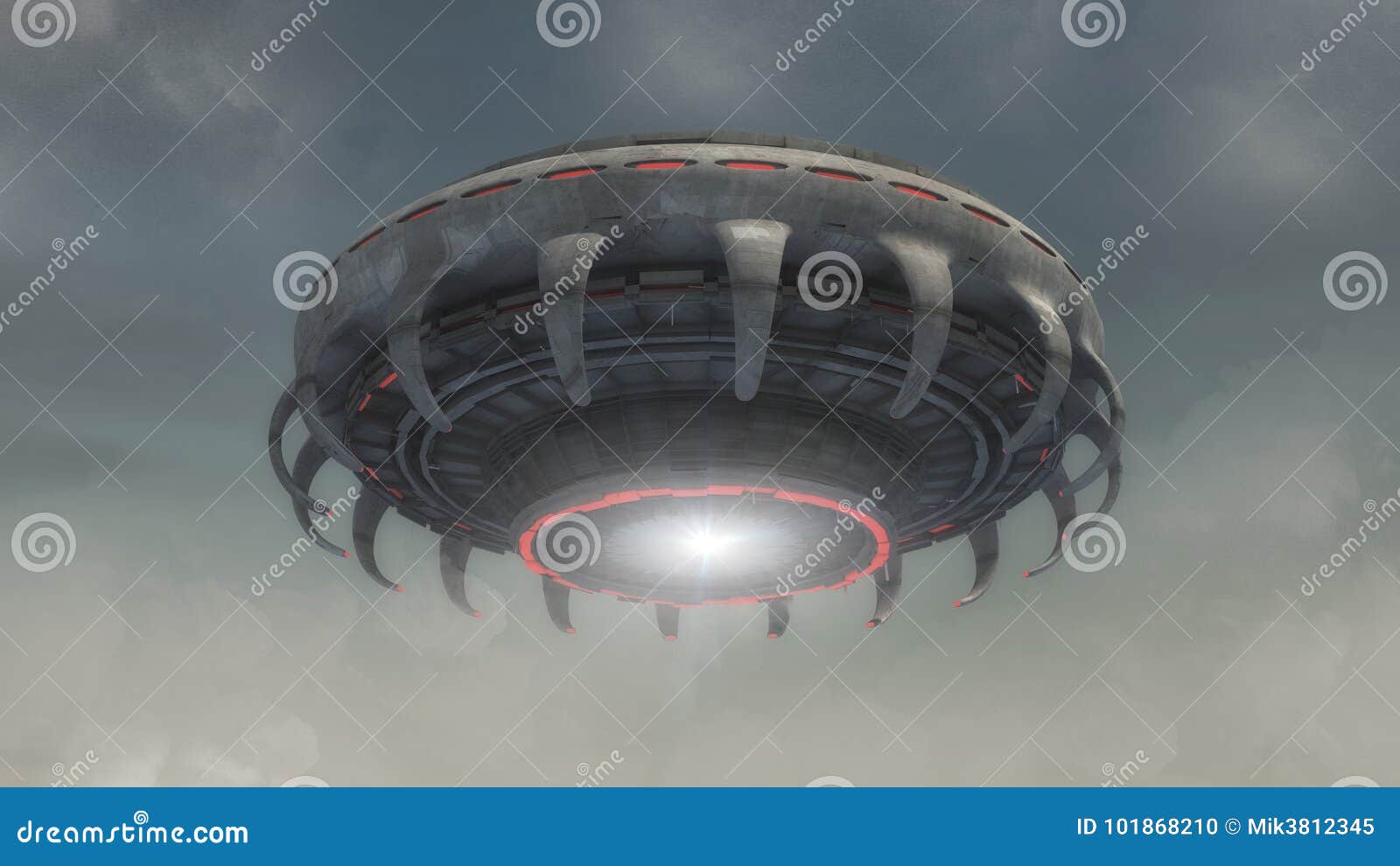 Alien Spaceship UFO Is Flying At Night. Moon In Background. Royalty ...