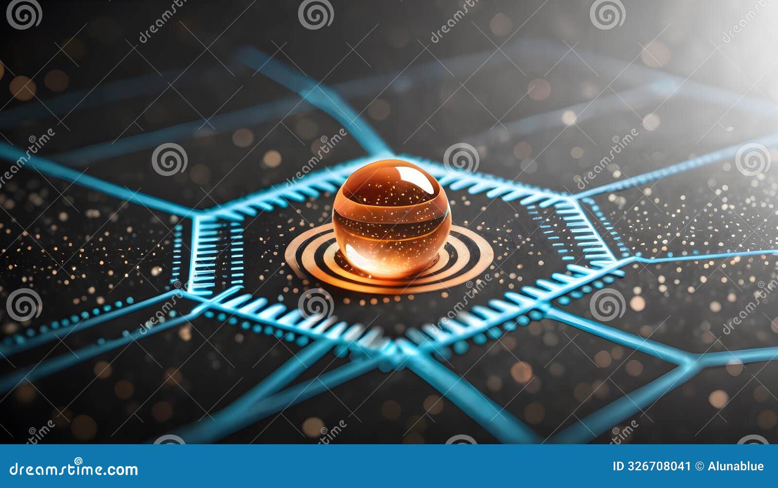 Futuristic Amber Core Computing Sphere with Blue Circuitry Patterns ...