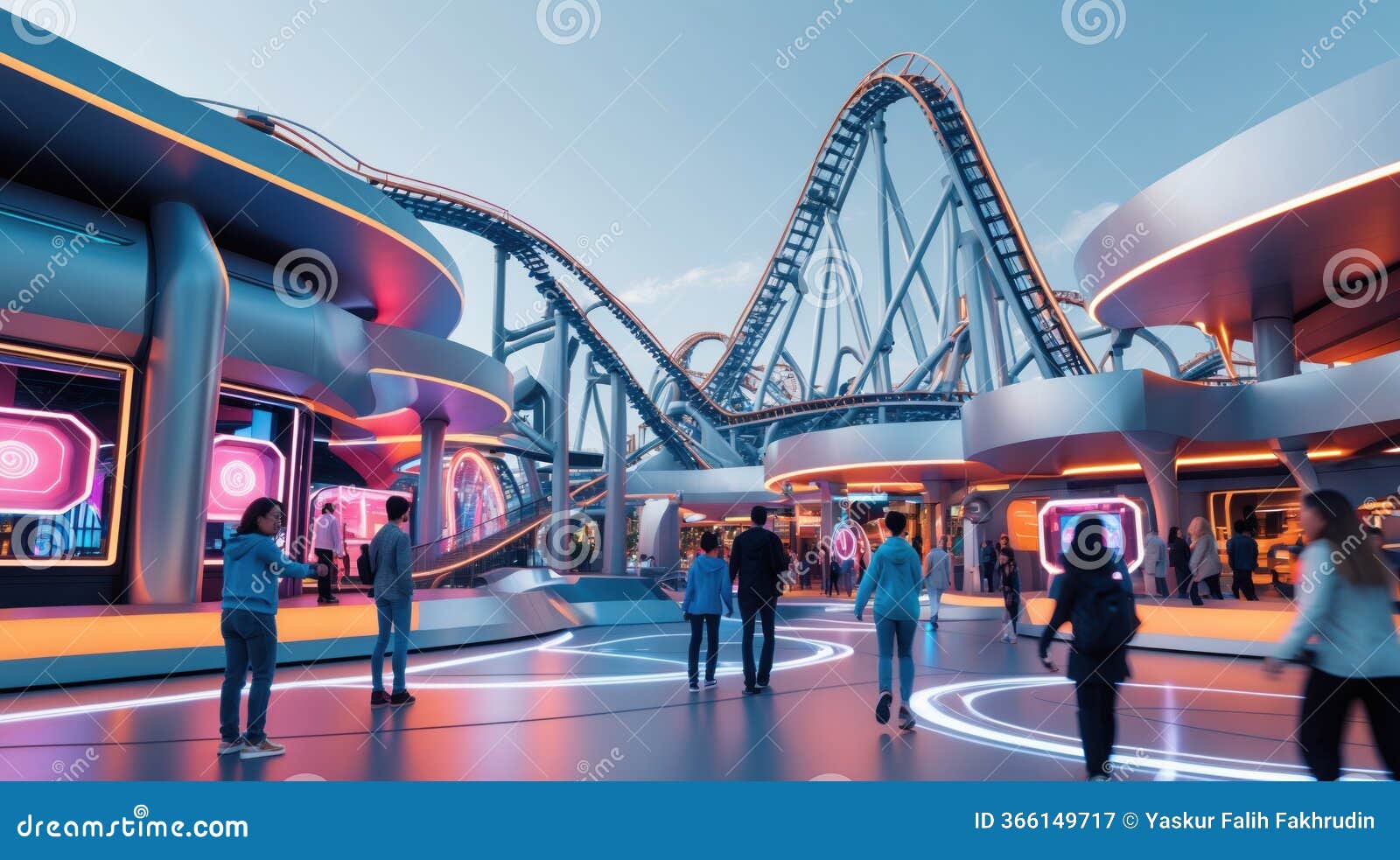 Futuristic Amusement Park With Roller Coaster And Interactive Displays ...