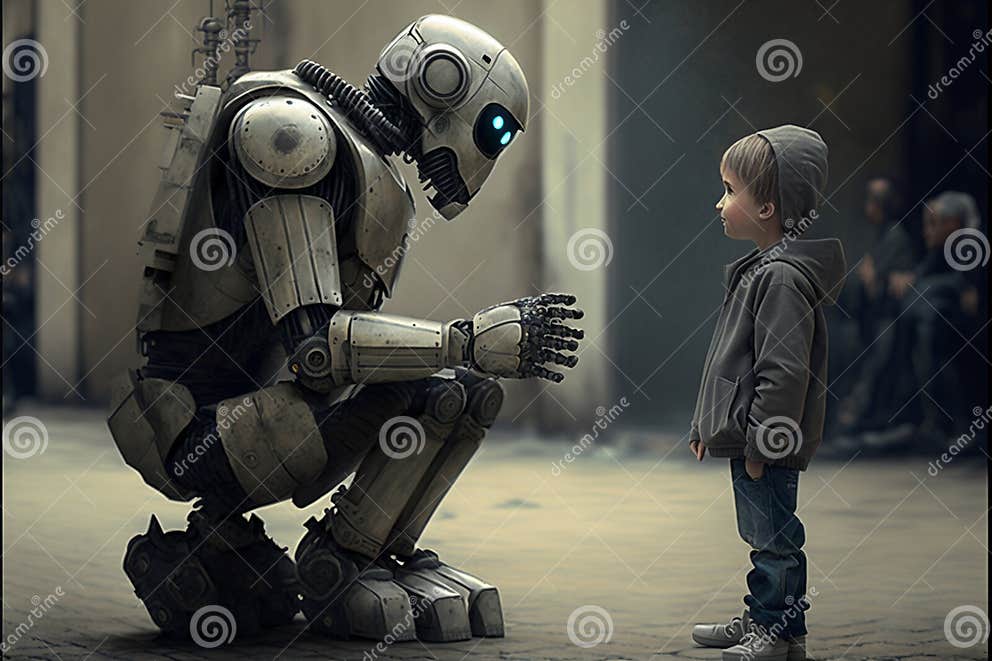 Futuristic Android or AI Cyborg Robot Talking To a Human. Artificial ...