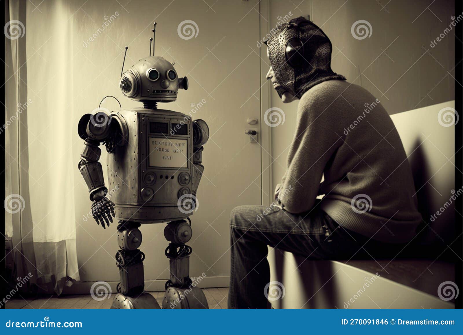 Futuristic Android or AI Cyborg Robot Talking To a Human. Artificial ...