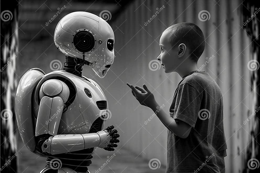 Futuristic Android or AI Cyborg Robot Talking To a Human. Artificial ...