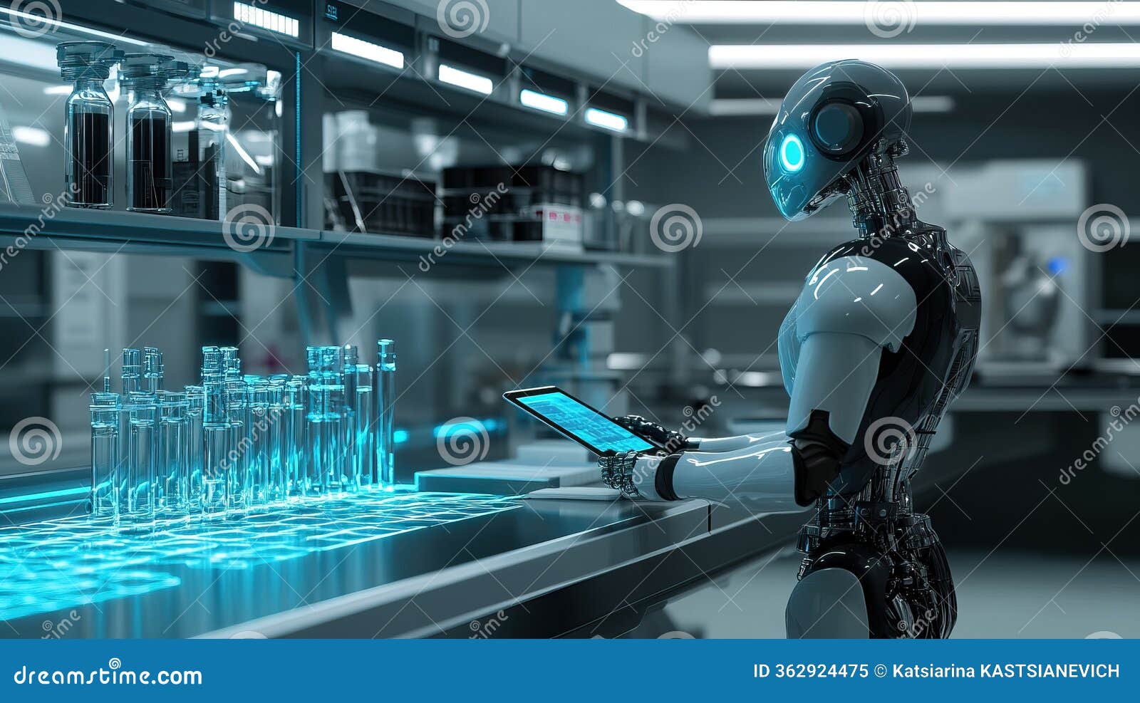 Futuristic Android With Glowing Red Eyes In A High-tech Environment ...