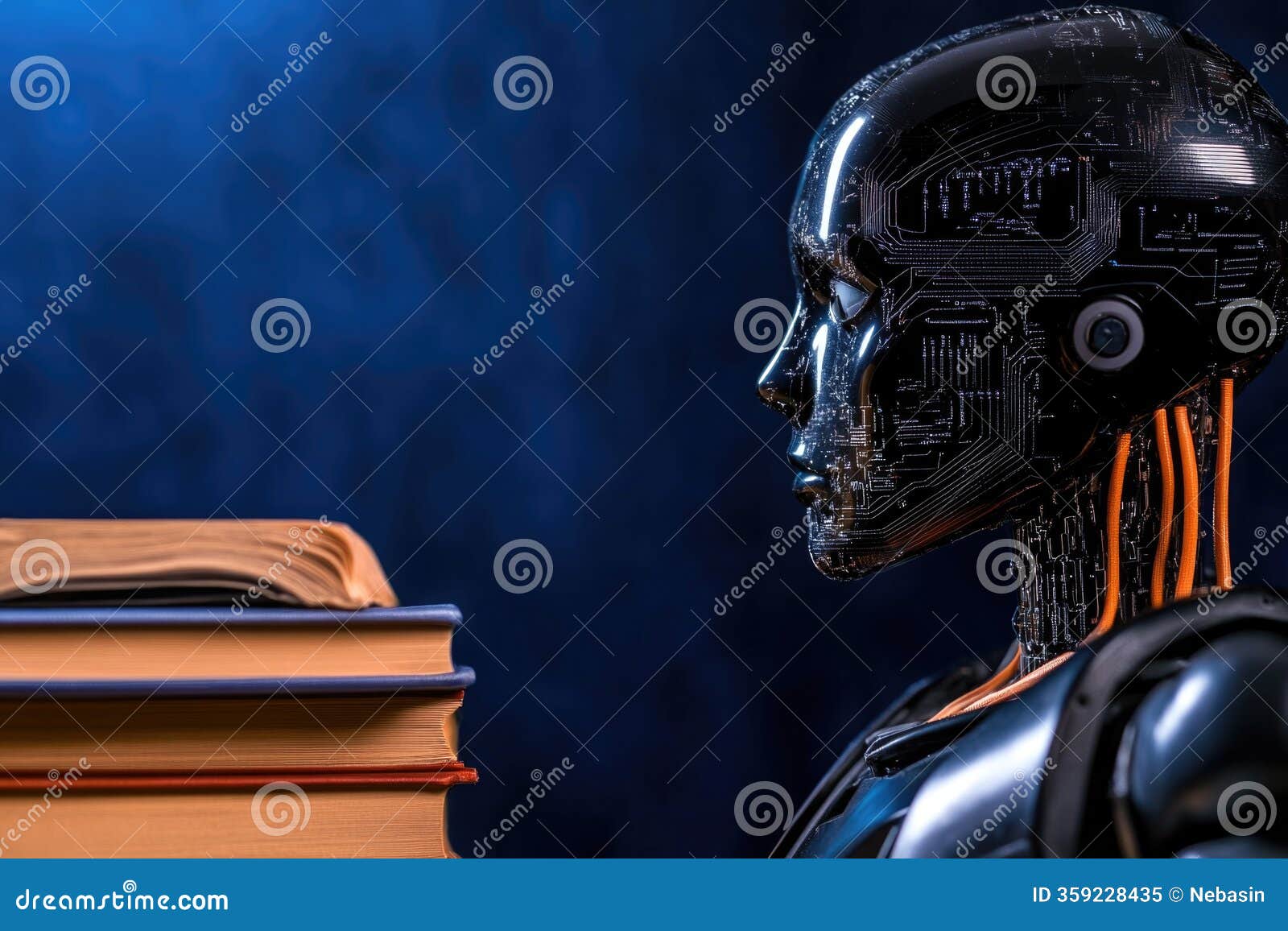 Futuristic Android with Circuitry Design Facing Books in Dark Setting ...