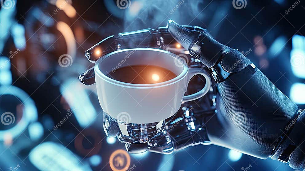 Advanced Android Holds a Virtual Cup of Coffee in a Futuristic ...