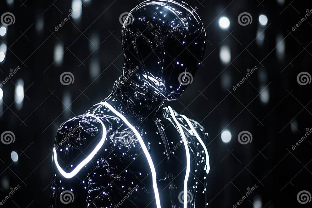 Futuristic Android with Glowing Suit Standing in a Dark Environment ...