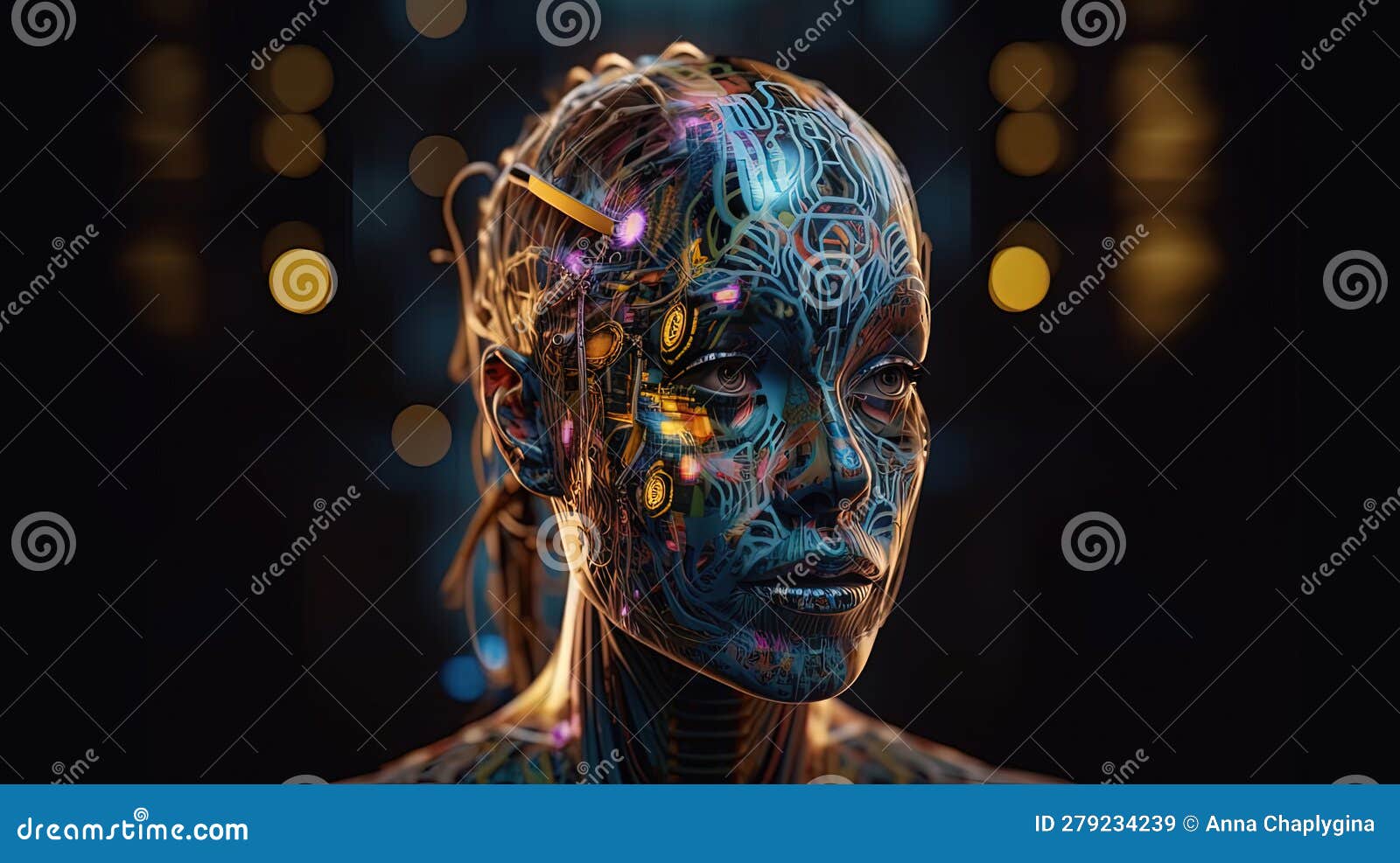 Futuristic Android Head, Robot with Distinct Human Facial Features ...