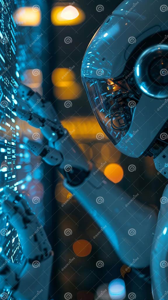 Futuristic Android Interacting with Digital Interface in a Cityscape ...