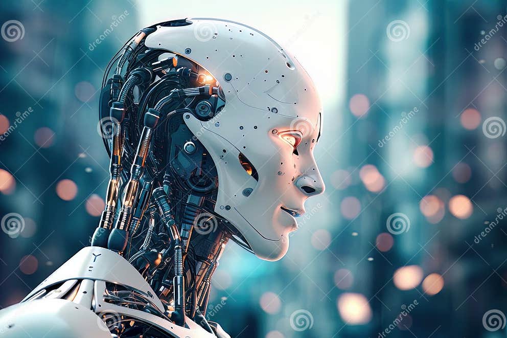 Futuristic Android Robot or Cyborg on the Background of the City ...