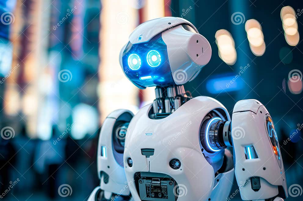 Futuristic Android Robot or Cyborg on the Background of the City ...