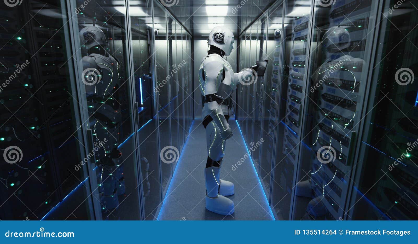 Futuristic Android Robot Working in Server Room Stock Photo - Image of ...