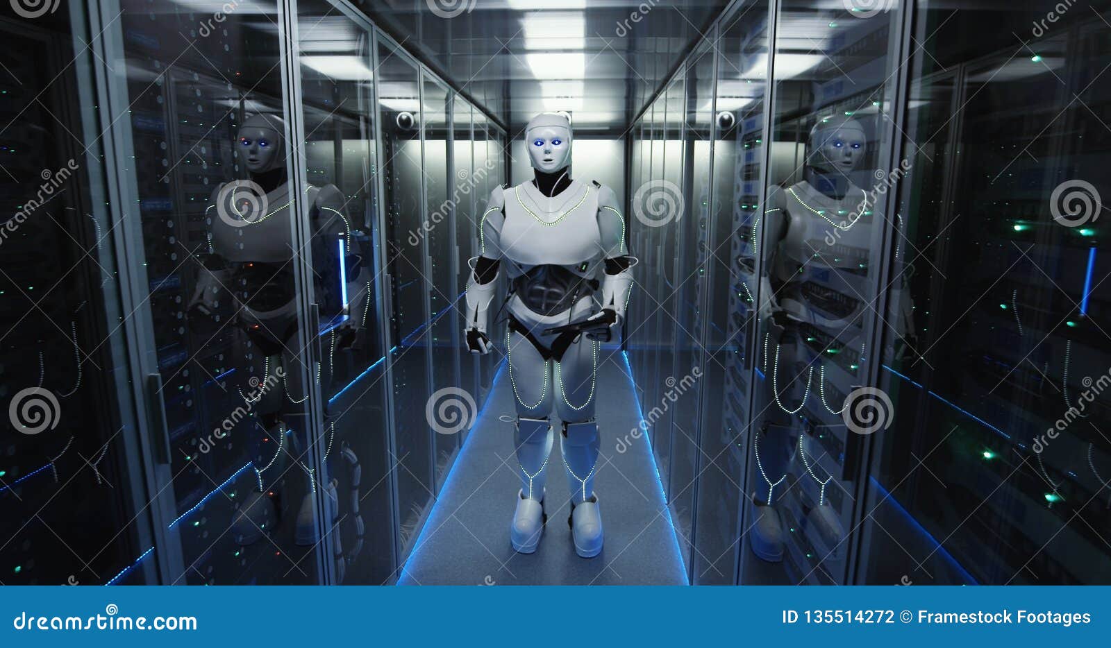 Futuristic Android Robot Working in Server Room Stock Photo - Image of ...