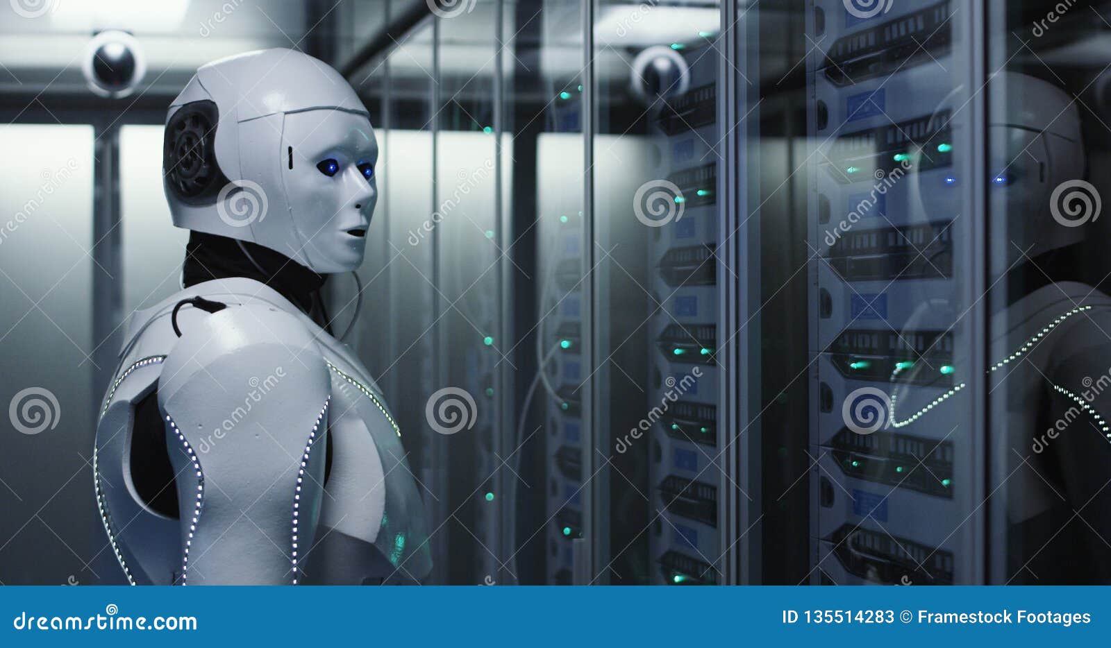 Futuristic Android Robot Working in Server Room Stock Illustration ...